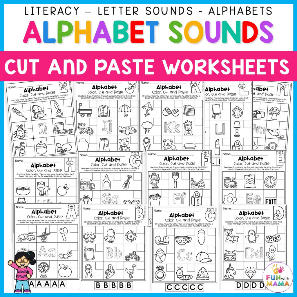 Alphabet Sound Cut and Paste Worksheets - Fun with Mama Shop